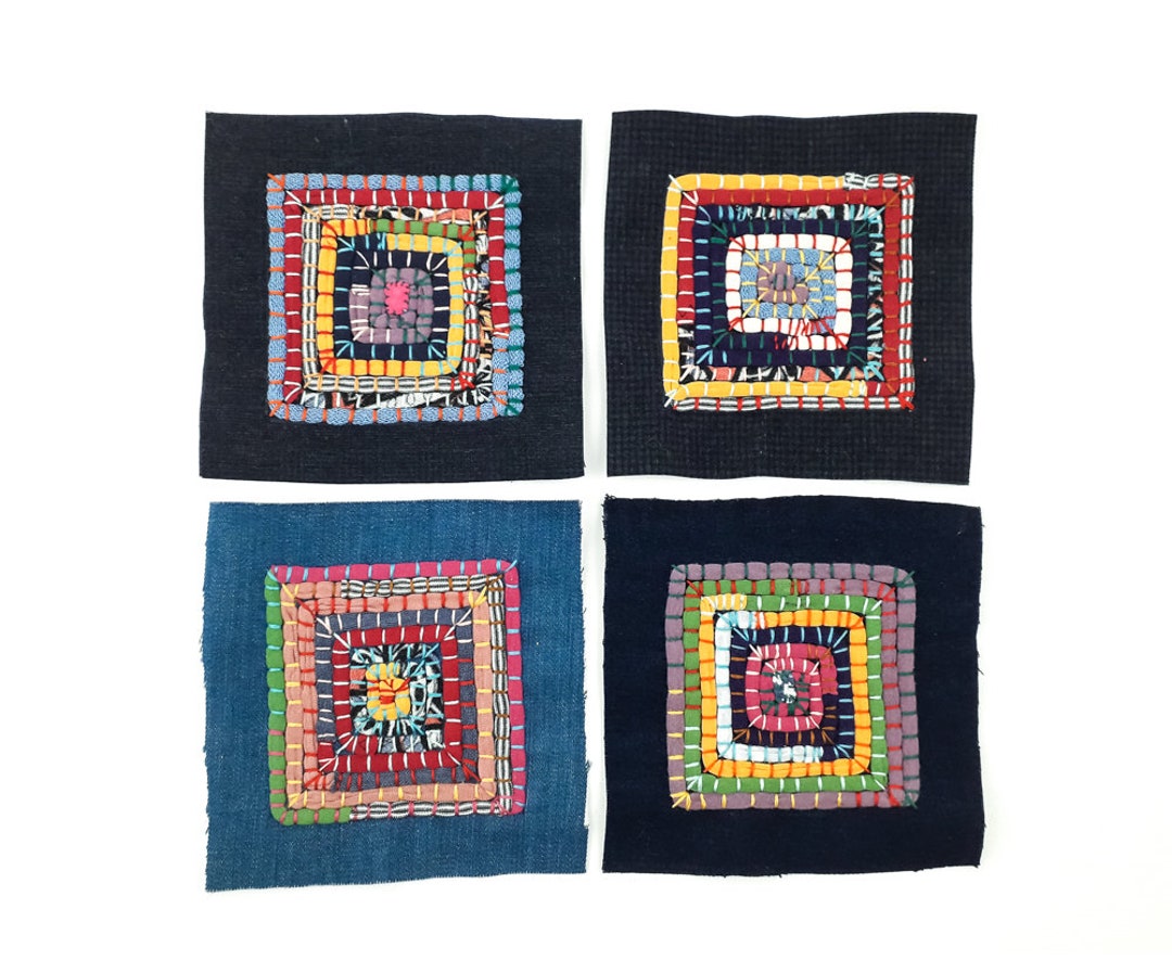 Patches Upcycled Denim Applique Squares Hand Embroidered Hand Sewn Hand ...