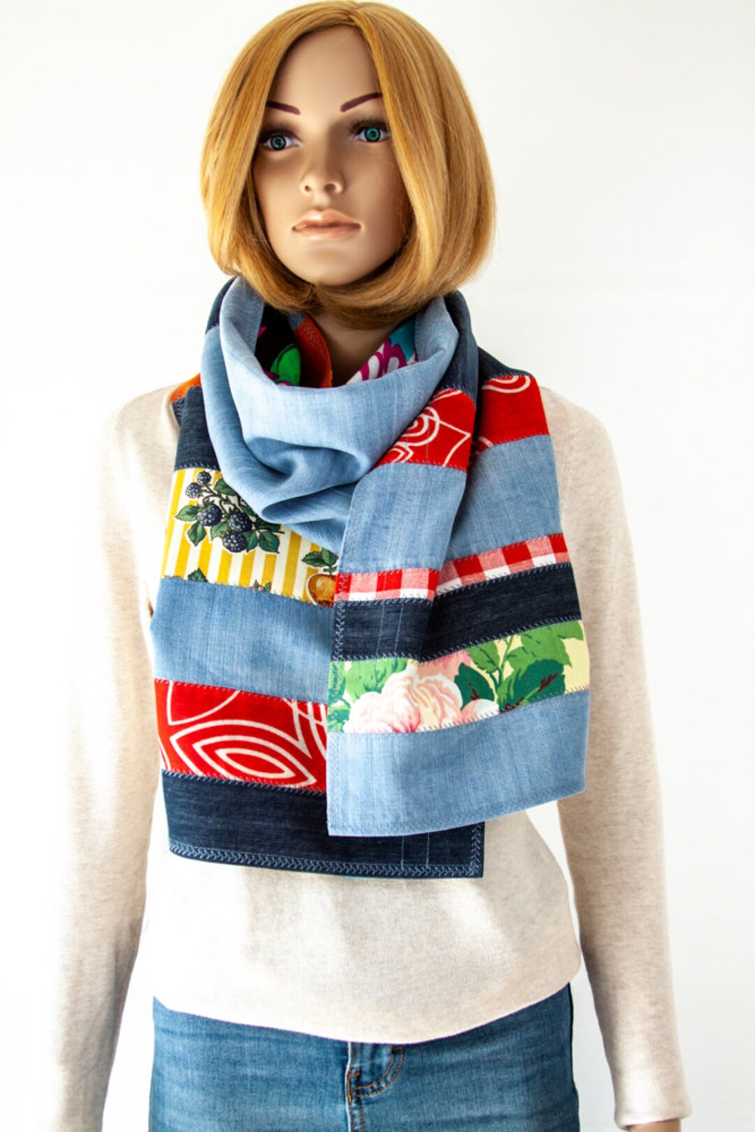 Duo Long Scarf Patchwork Upcycled Denim Cotton Fabric Open Ended ...