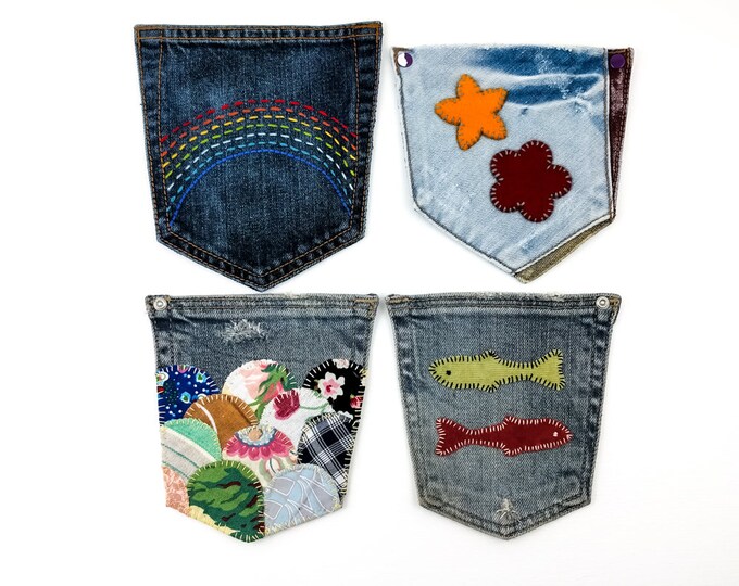 Patches Applique Hand Embroidered Rainbow Flowers Fishes Upcycled Denim ...