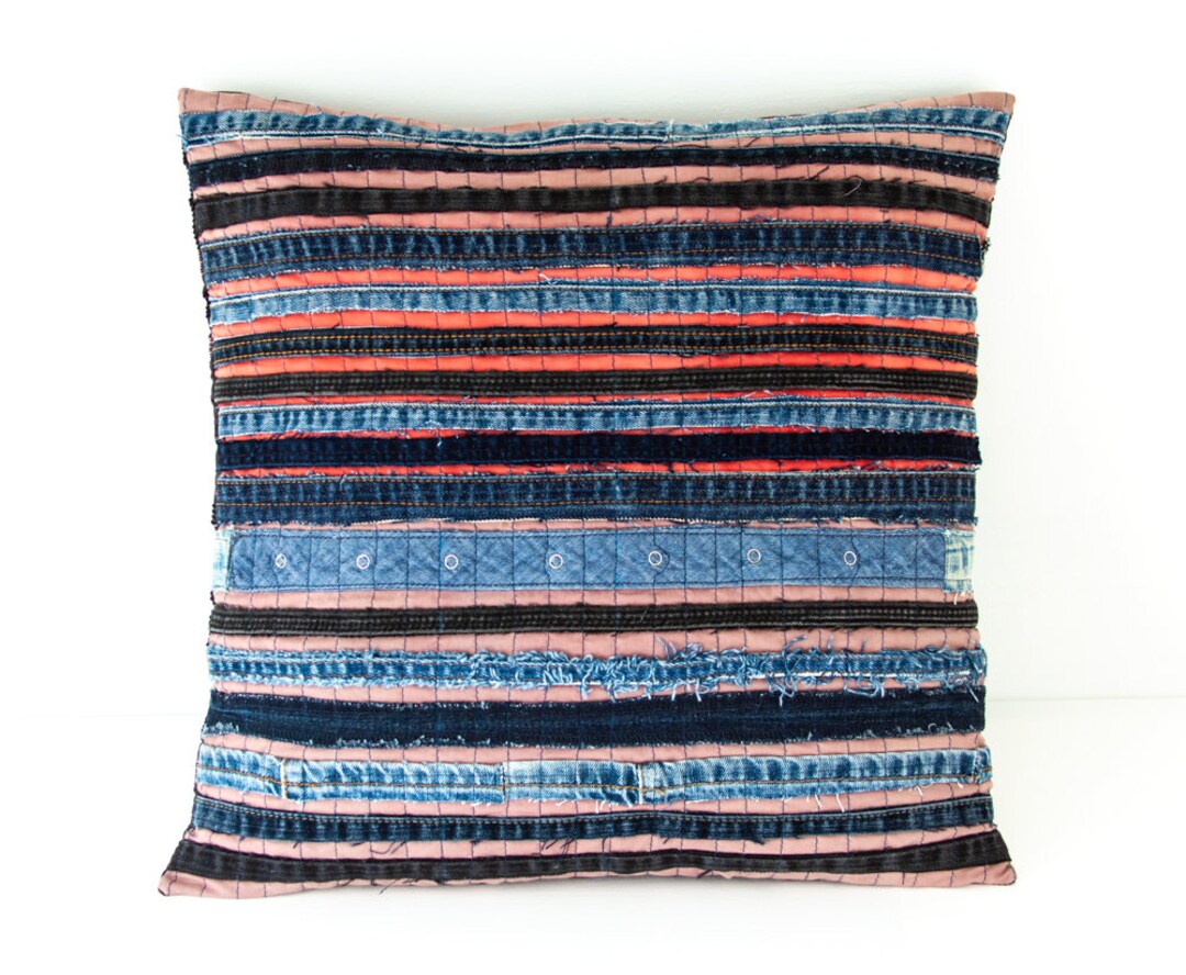 Boro Cushion Pillow Cover Upcycled Denim Quilted Striped Designer ...