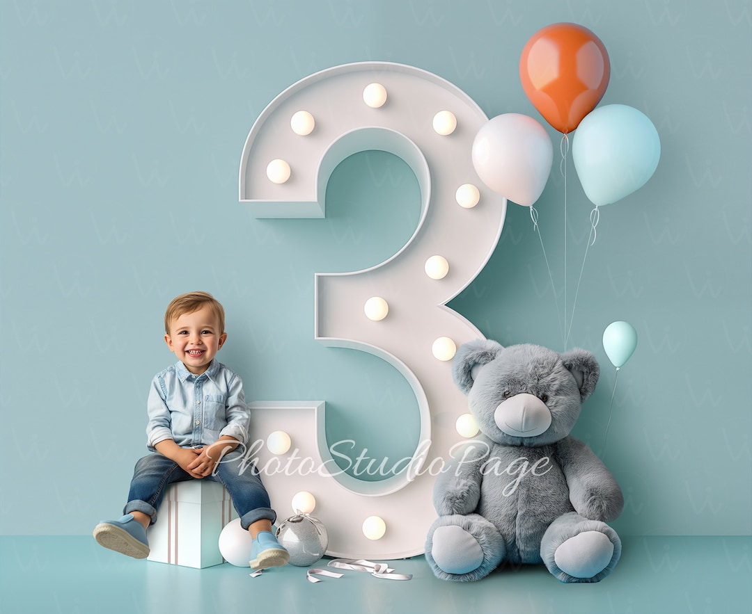 Digital 3rd Third Birthday Backdrop Background for Baby Boy With Big ...