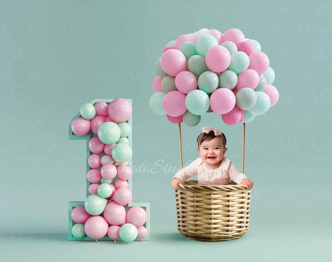 Digital First Birthday One Backdrop for Baby Girl With Balloons ...