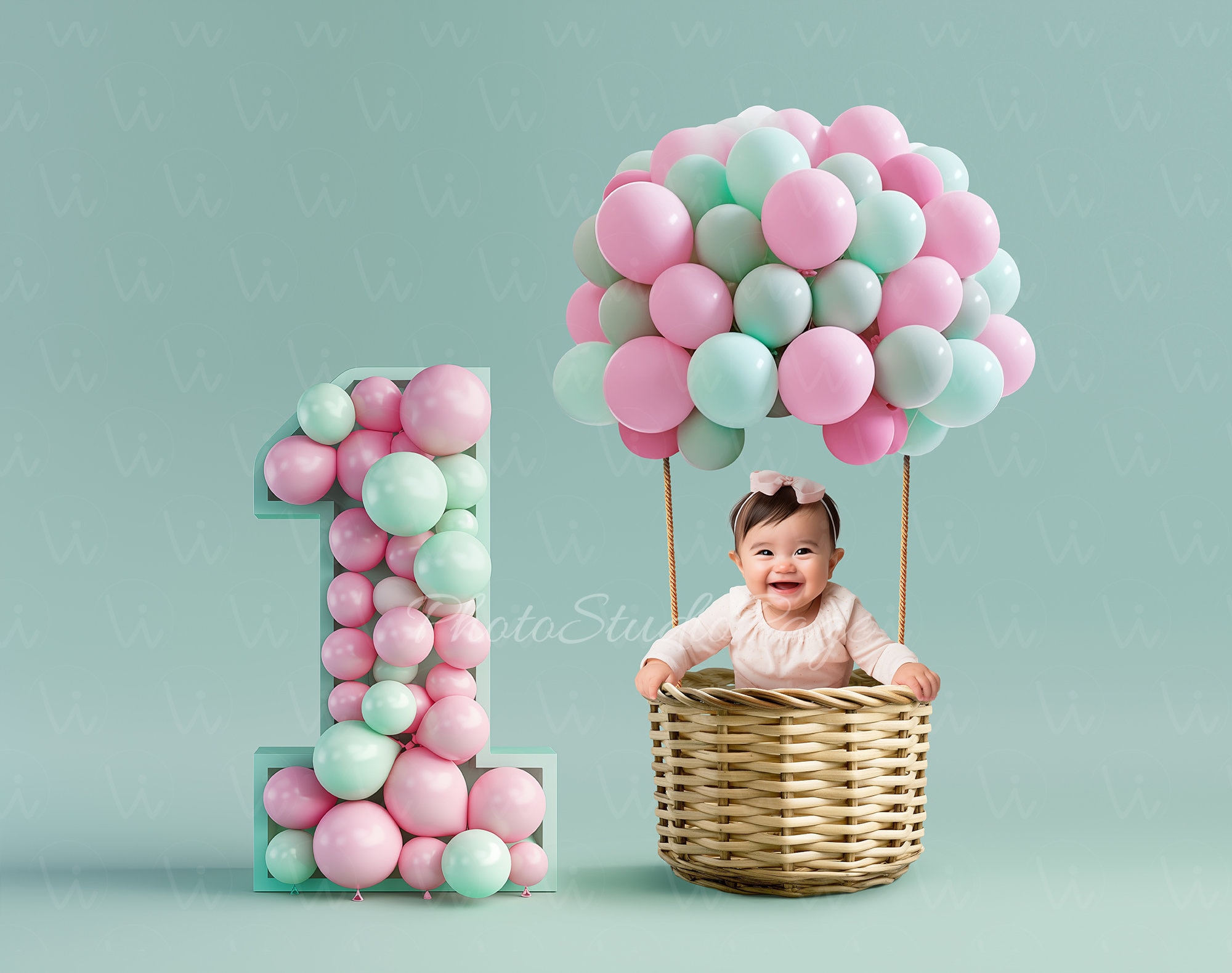 Digital First Birthday One Backdrop for Baby Girl With Balloons ...