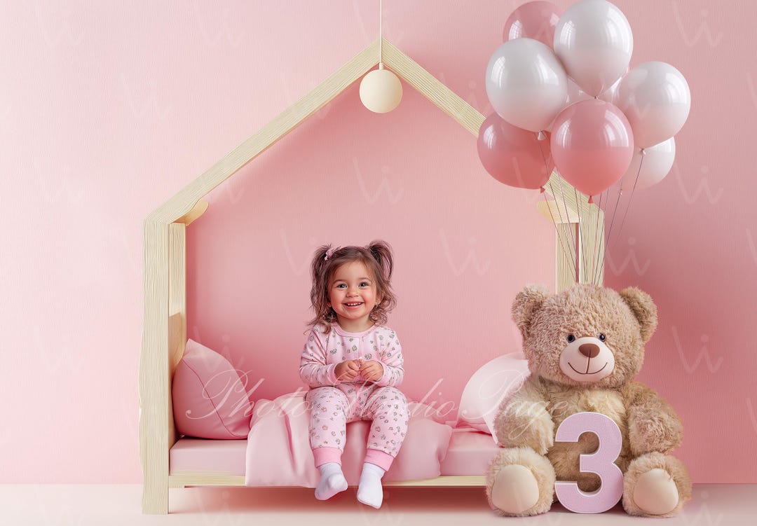 Digital Third Birthday Three 3 Backdrop for Baby Girl Pink Background ...