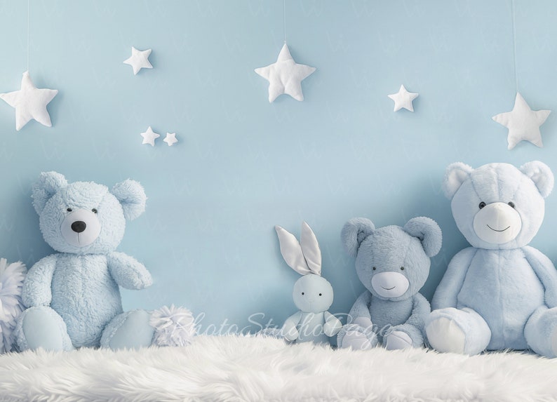Digital Baby Boy Backdrop Bear Blue Background Baby Photography Nursery ...
