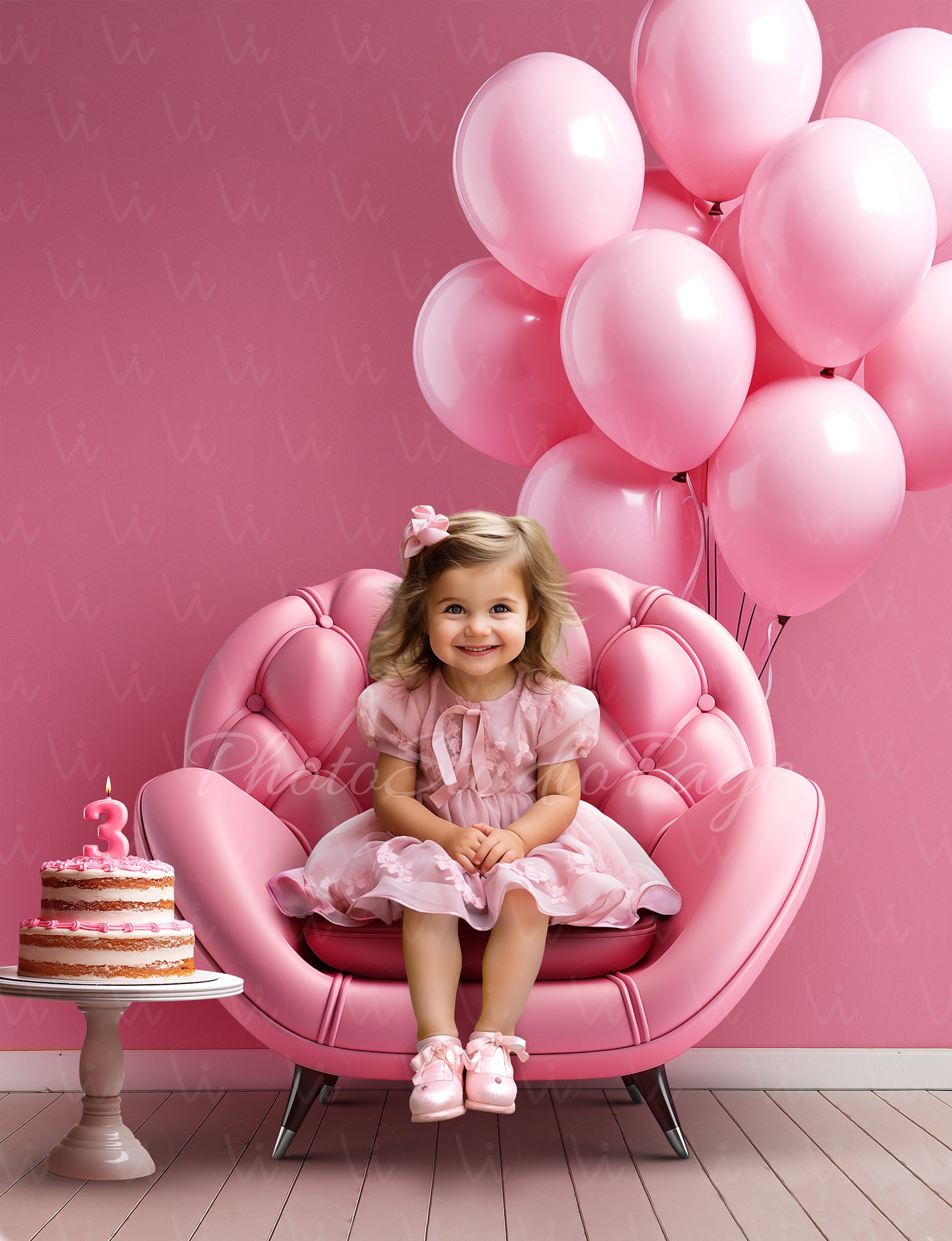 Digital Third Birthday Baby Backdrop, Girl on the Chair With Balloons ...
