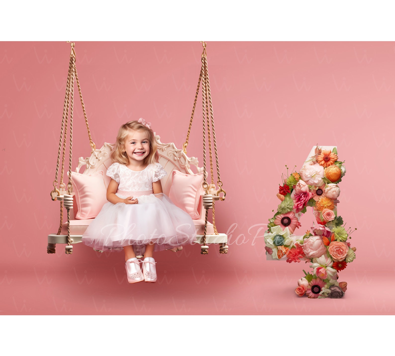 Digital 4th Birthday Four Backdrop, Birthday Four Background, Baby Girl ...