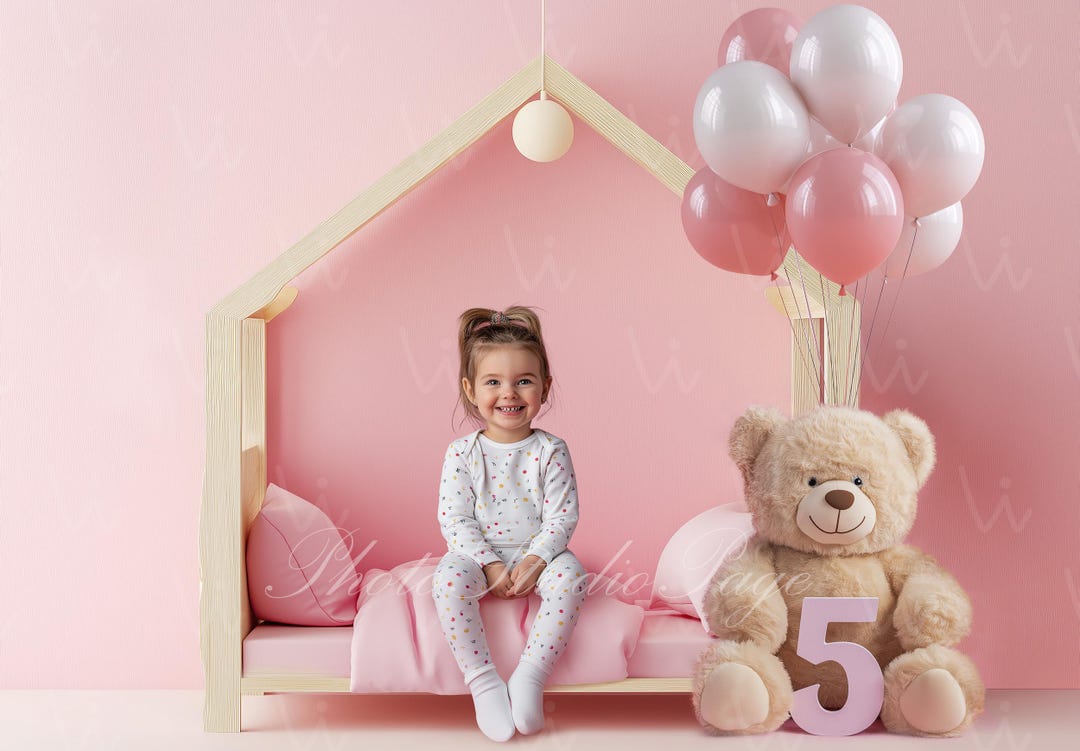 Digital Fifth Birthday Five 5 Backdrop for Baby Girl Pink Background ...