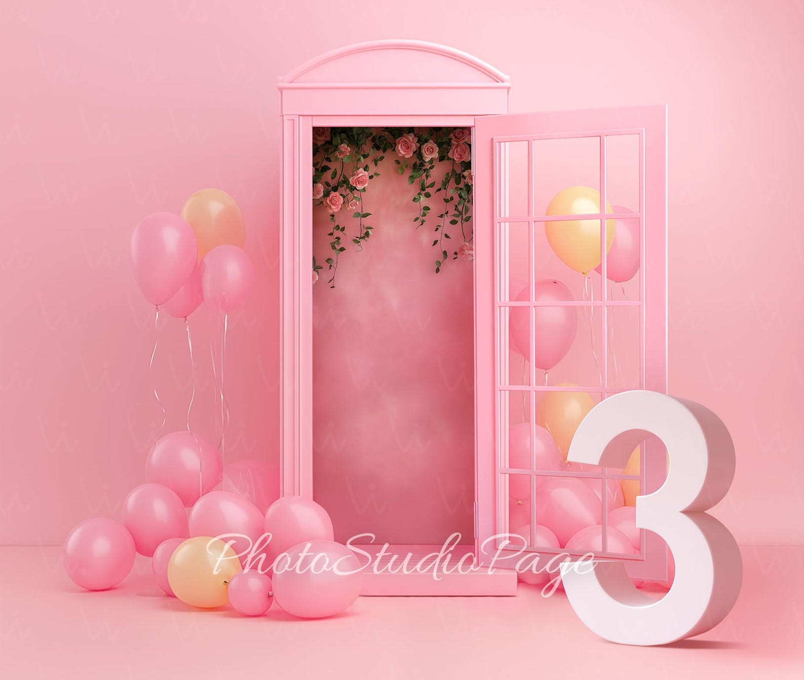 Digital Third 3 Year Birthday Backdrop Little Girl Birthday Pink ...