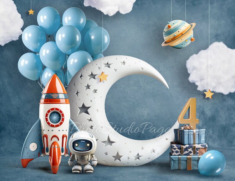Digital 4 Four Year Fourth Birthday Backdrop, 4th Birthday Baby Boy ...