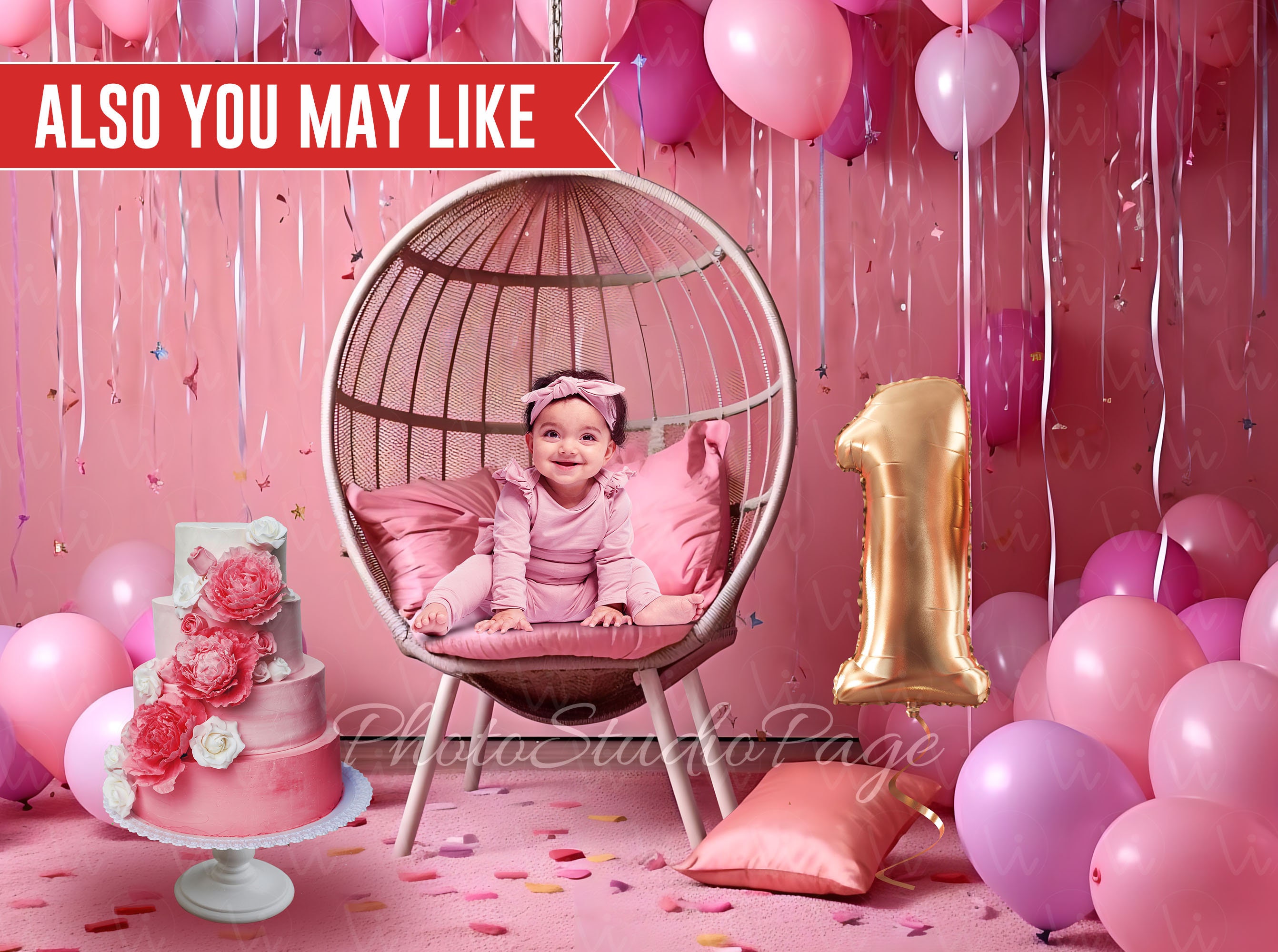 Digital First Birthday One Backdrop for Baby Girl With Balloons ...