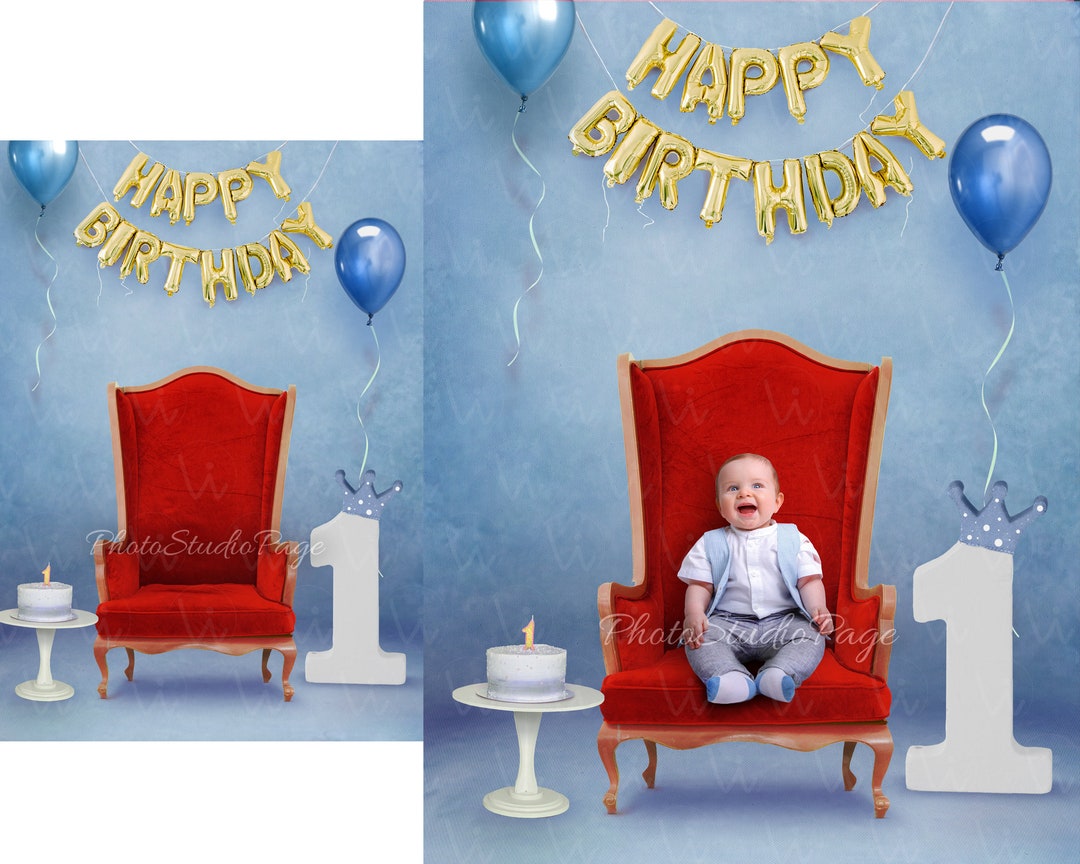 Digital First Birthday Backdrop for Baby Boy Sitting on the Chair With ...