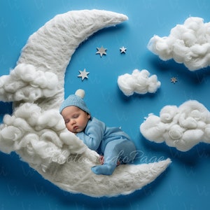 Newborn Digital Backdrop for Boy on Moon Background on Blue Background ...