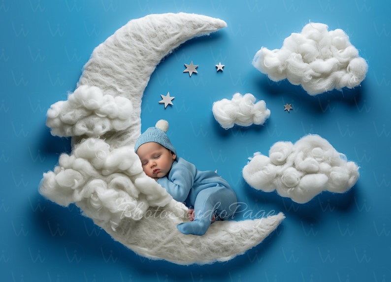 Newborn Digital Backdrop for Boy on Moon Background on Blue Background ...