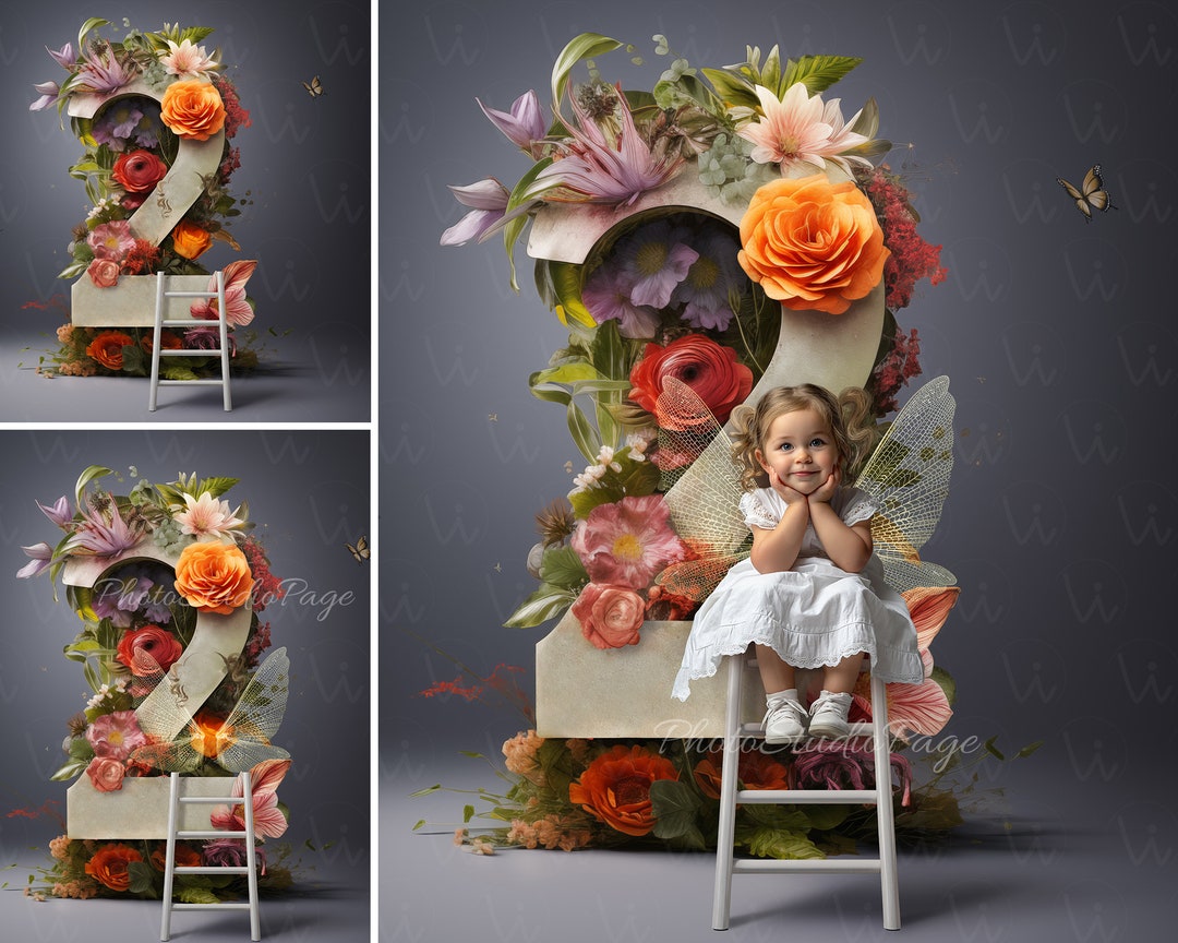 Second Birthday Backdrop: Floral Number Two, Wings (digital Download ...