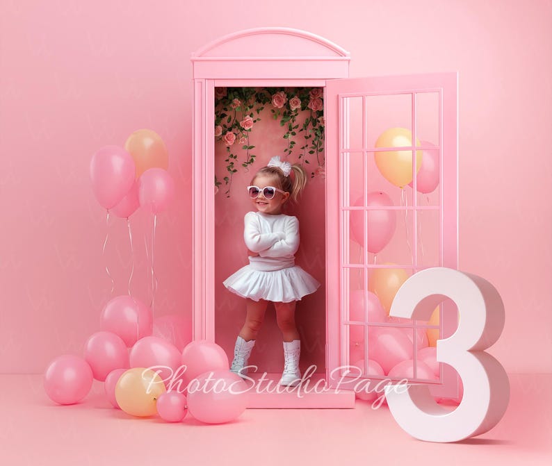 Digital Third 3 Year Birthday Backdrop Little Girl Birthday Pink ...