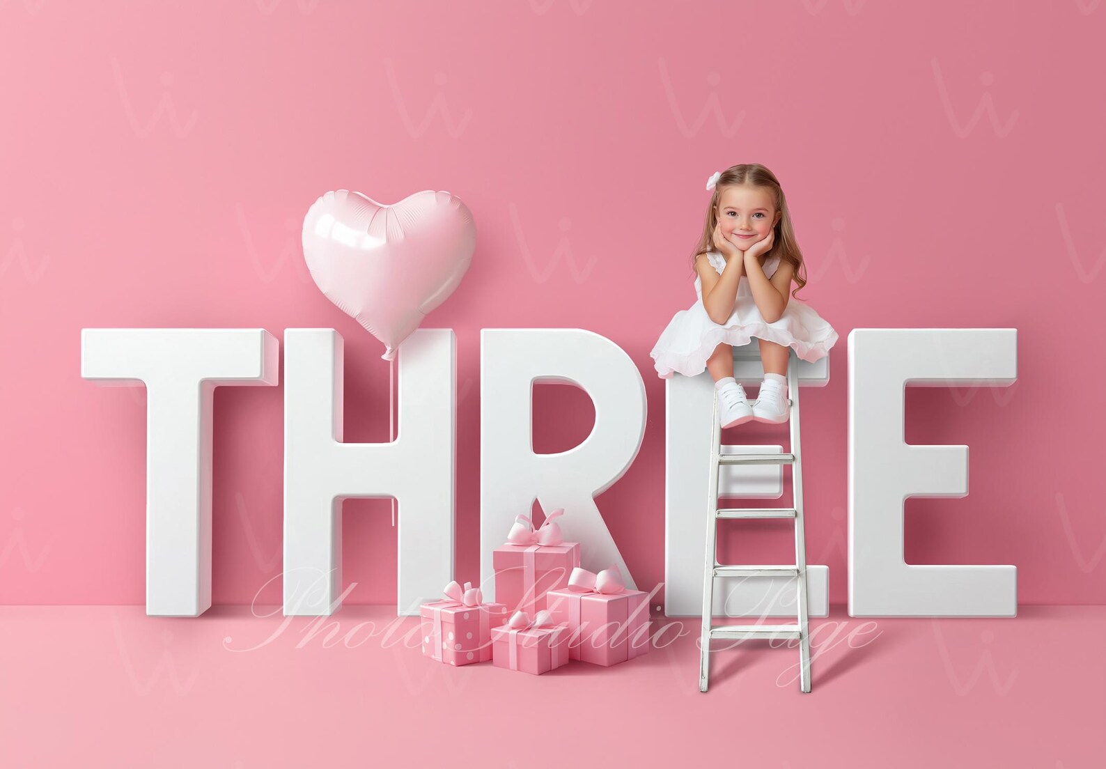 Digital Third 3rd Birthday Backdrop Three 3 Little Girl Birthday Pink ...