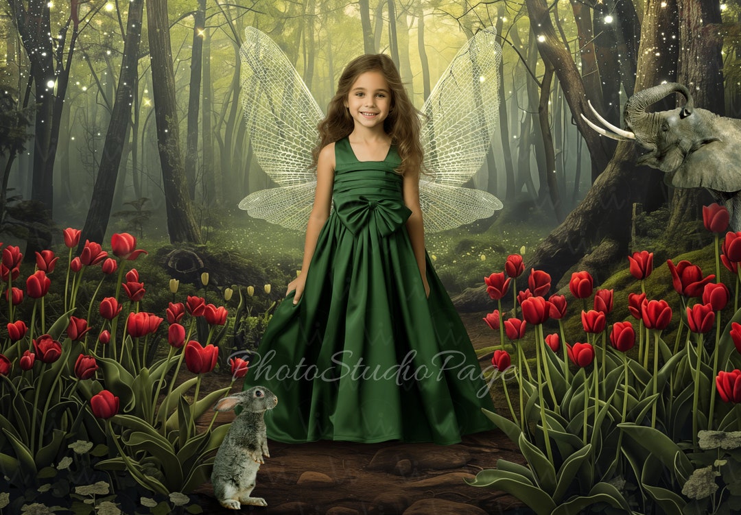 Digital Forest Backdrop Background With a Little Girl in Green Dress ...
