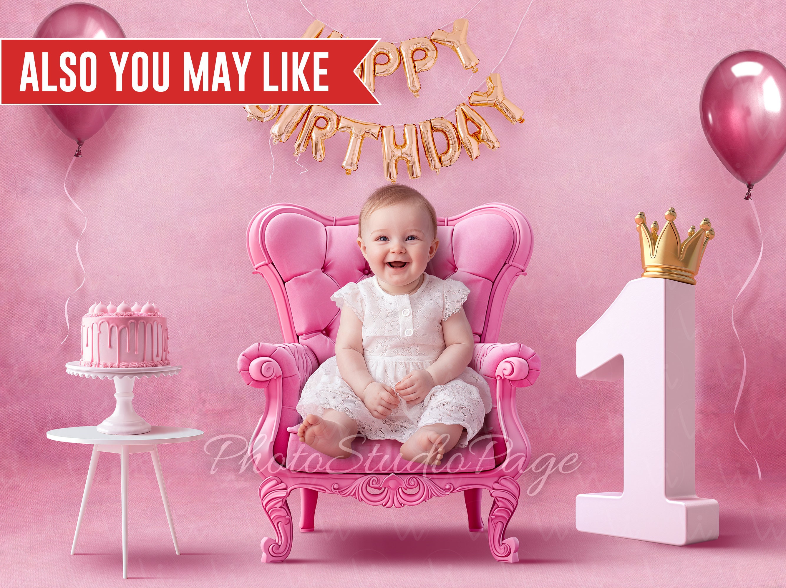 Digital 1 One Year First Birthday Backdrop, First Birthday Baby Girl ...