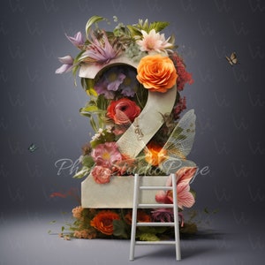 Second Birthday Backdrop: Floral Number Two, Wings (digital Download ...
