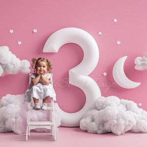 Digital 3 Three Year Third Birthday Backdrop, Baby Girl Digital ...