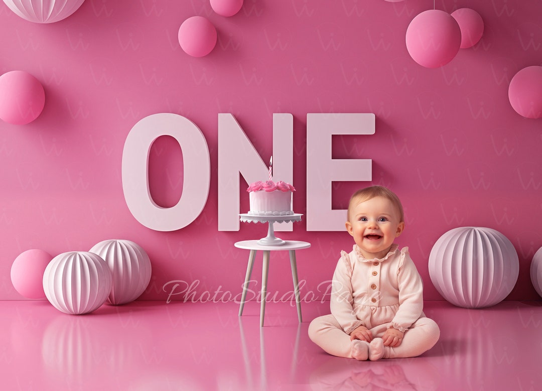 Digital 1 One Year First Birthday Backdrop, First Birthday Baby Girl ...