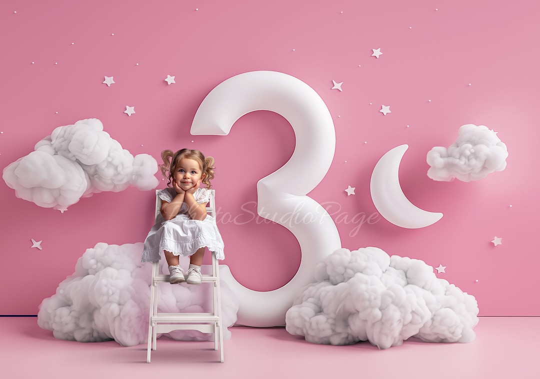 Digital 3 Three Year Third Birthday Backdrop, Baby Girl Digital ...