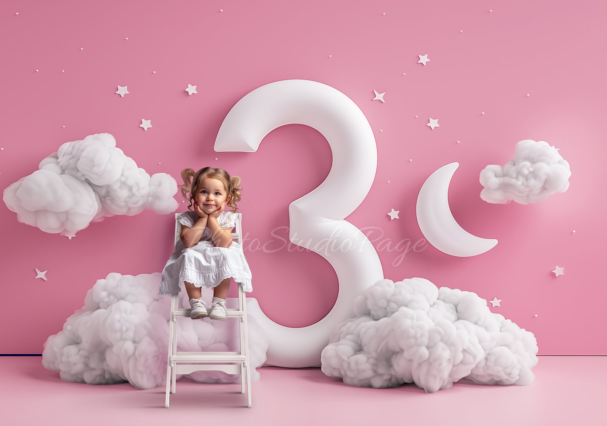Digital 3 Three Year Third Birthday Backdrop, Baby Girl Digital ...