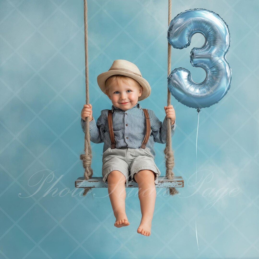 Digital Third 3rd Birthday Backdrop Three 3 Little Boy Birthday Blue ...