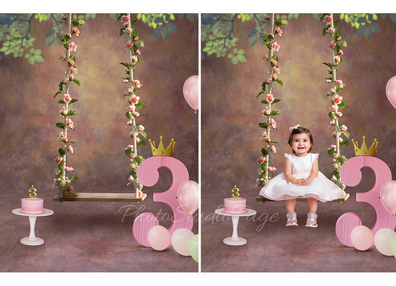 Digital Third Birthday Three 3 Backdrop Background for Baby Girl on the ...