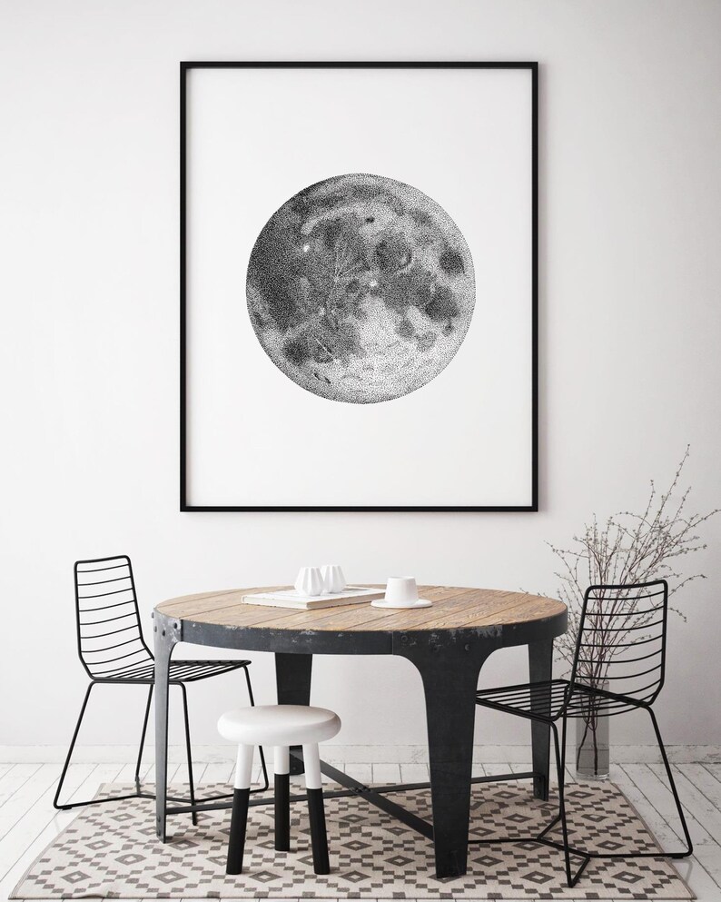 Stippled Full Moon Painting Digital Print. Lunar Phases Gray Printable ...