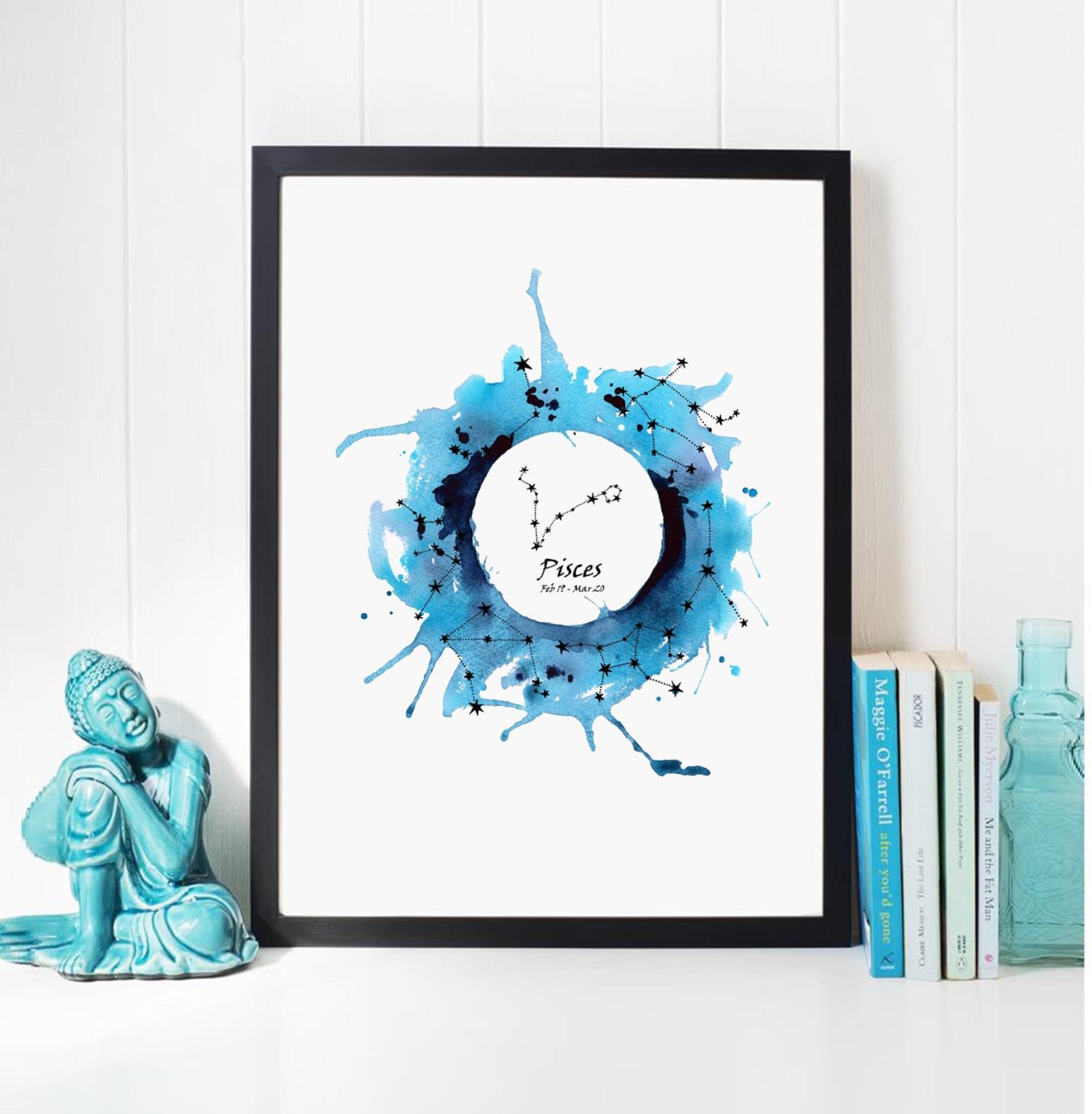 Dark Turquoise Pisces Zodiac Sign Wall Printable. Astrology Star Sign ...
