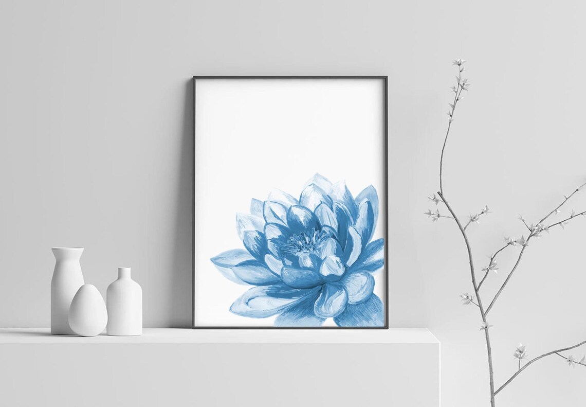 Azure Blue Lotus Flower Art Print for Yoga Studio Wall Decor | Etsy