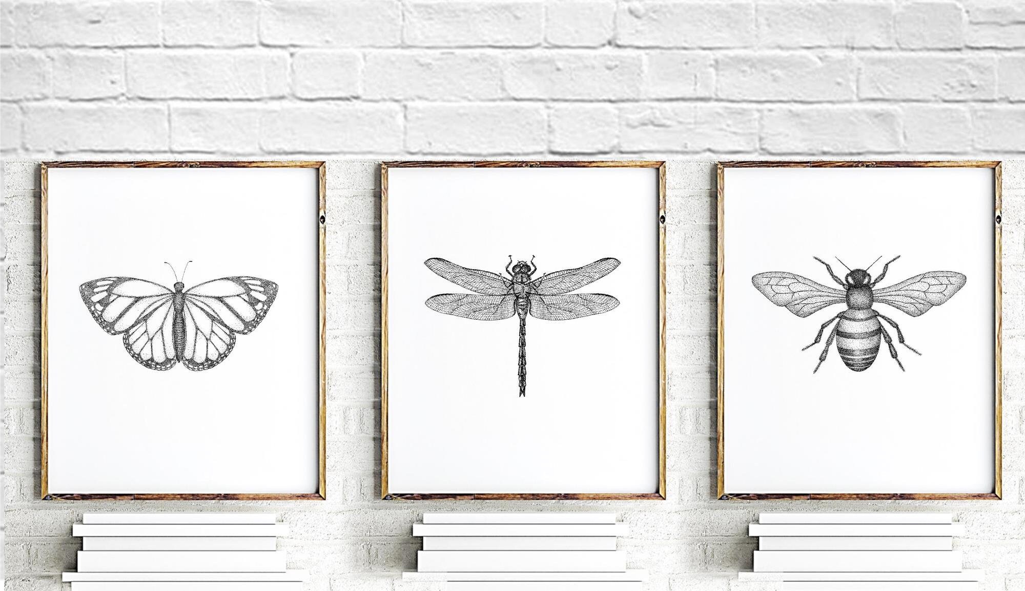 Triple Print Set of Insects Butterfly, Dragonfly, Honey Bee for Instant ...