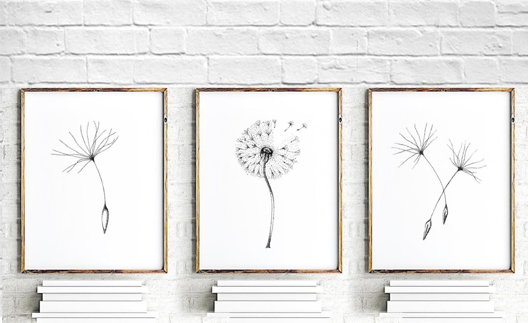 Printable Dandelion Art Set of 3 Prints, Monochrome Floral Living Room ...