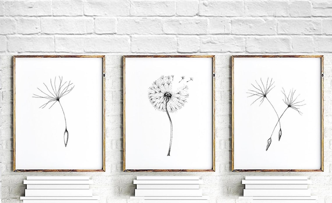 Printable Dandelion Art Set of 3 Prints Monochrome Floral | Etsy