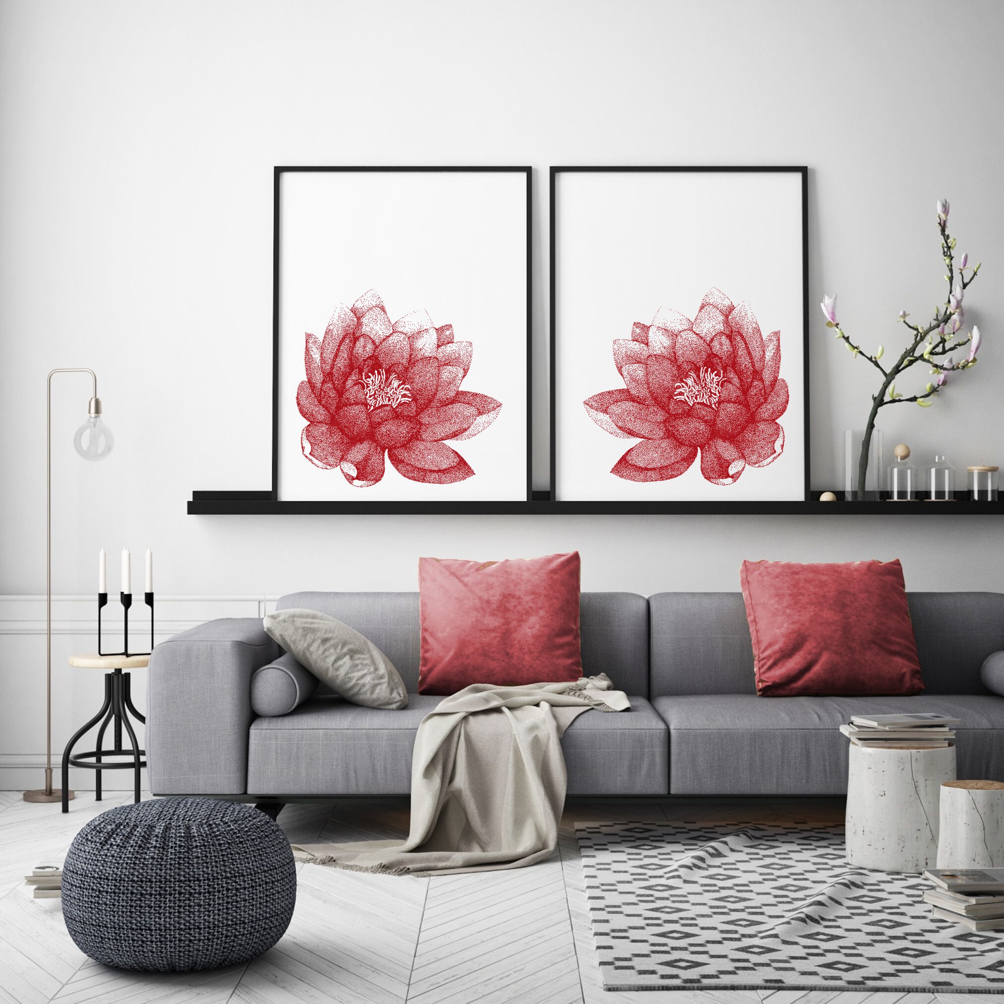 Burgundy wall art for kitchen wall decor lotus flower | Etsy