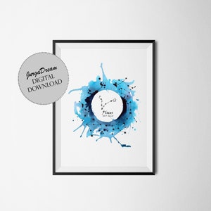 Dark Turquoise Pisces Zodiac Sign Wall Printable. Astrology Star Sign ...