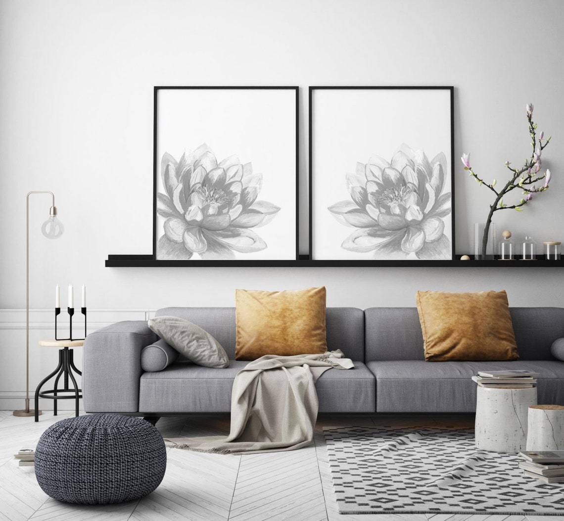 Gray Printable Lotus Flower Wall Art Set of 2 Prints for | Etsy