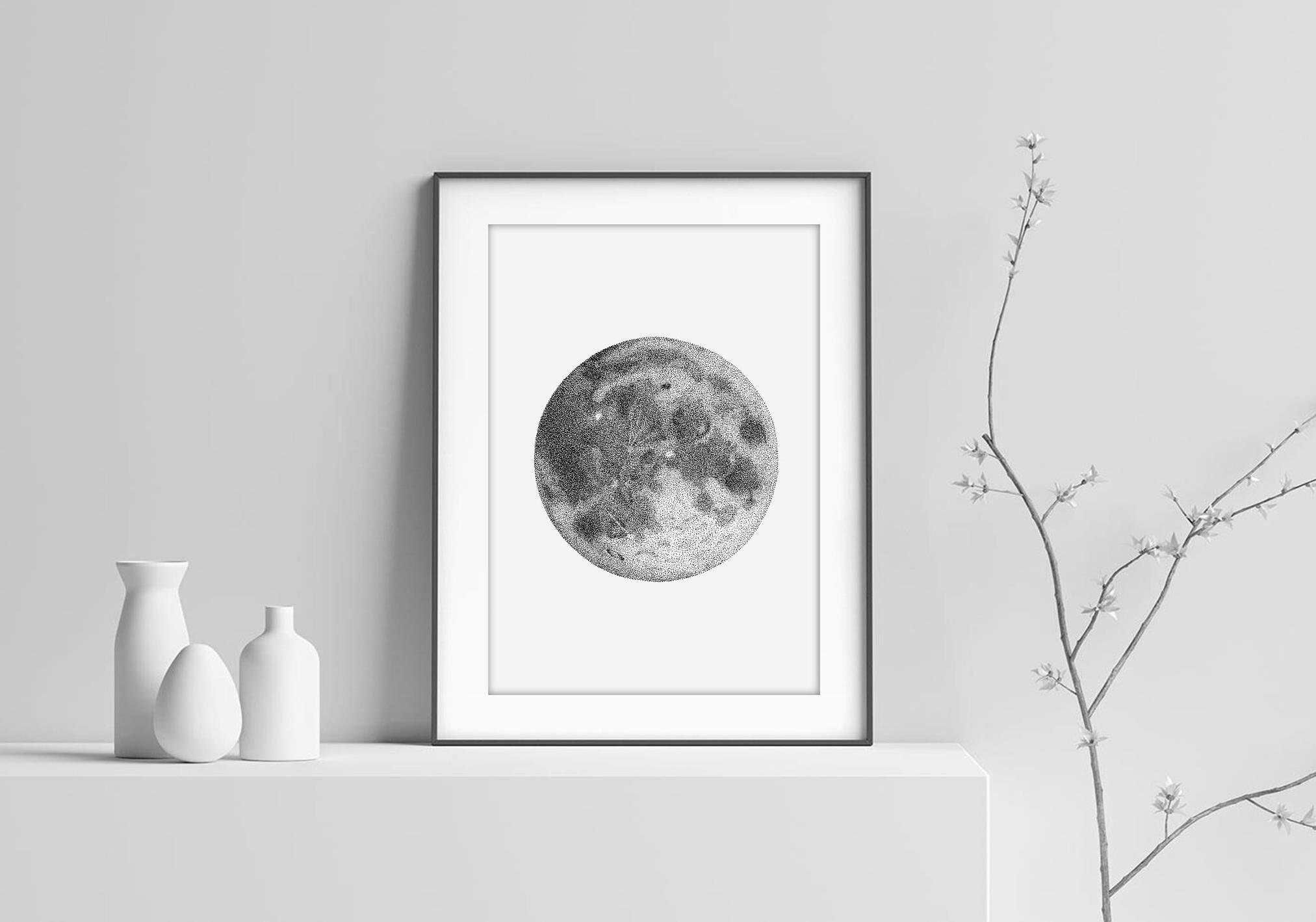 Stippled Full Moon Painting Digital Print. Lunar Phases Gray Printable ...