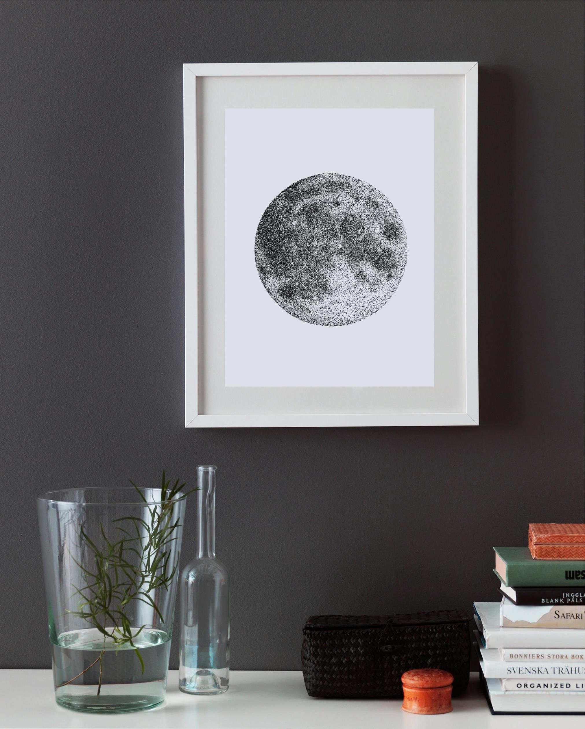 Stippled Full Moon Painting Digital Print. Lunar Phases Gray Printable ...