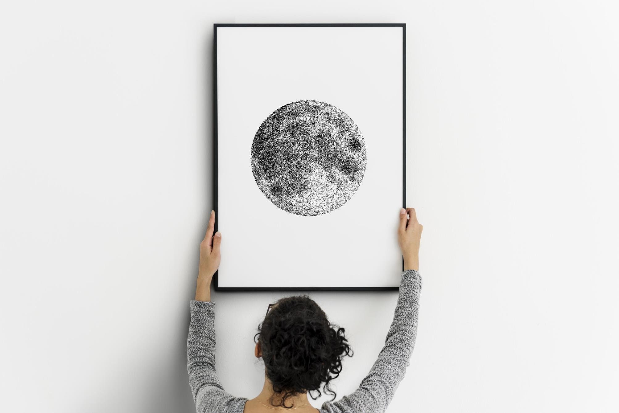 Stippled Full Moon Painting Digital Print. Lunar Phases Gray Printable ...