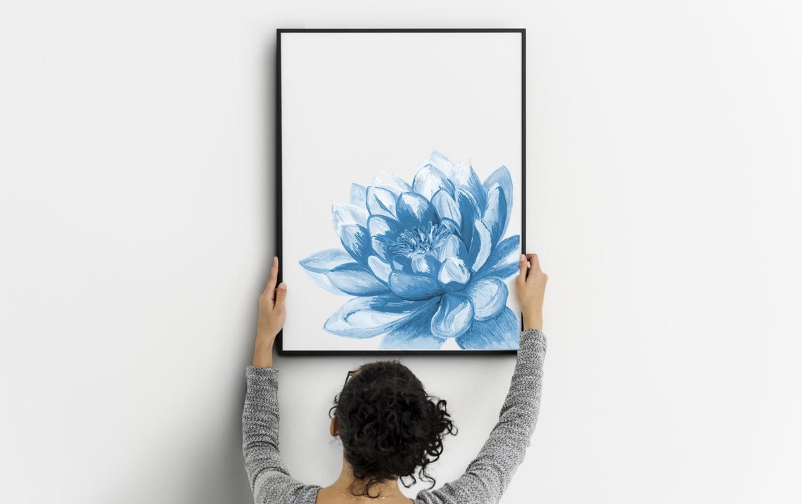 Azure Blue Lotus Flower Art Print for Yoga Studio Wall Decor | Etsy