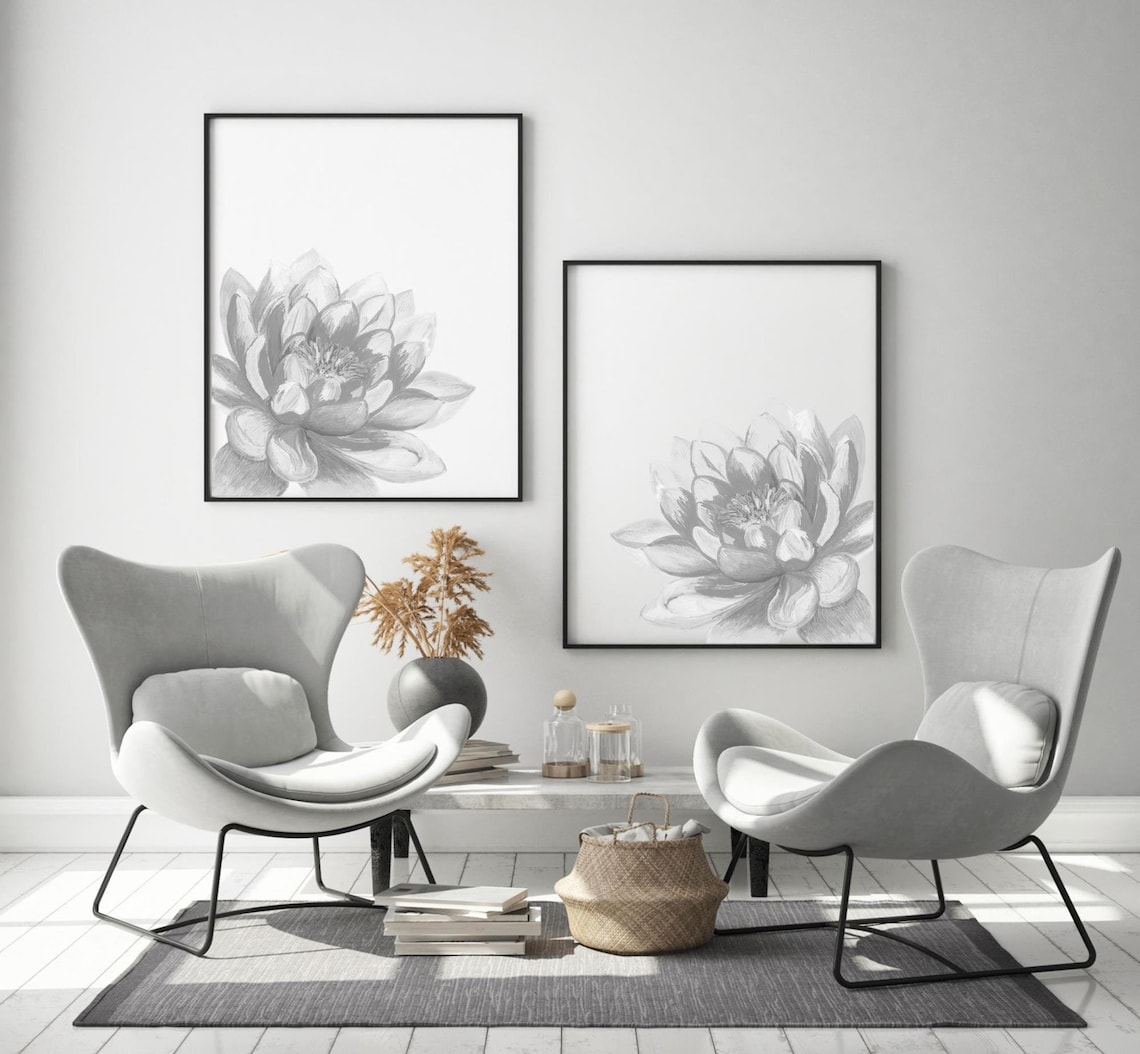 Gray Printable Lotus Flower Wall Art Set of 2 Prints for - Etsy