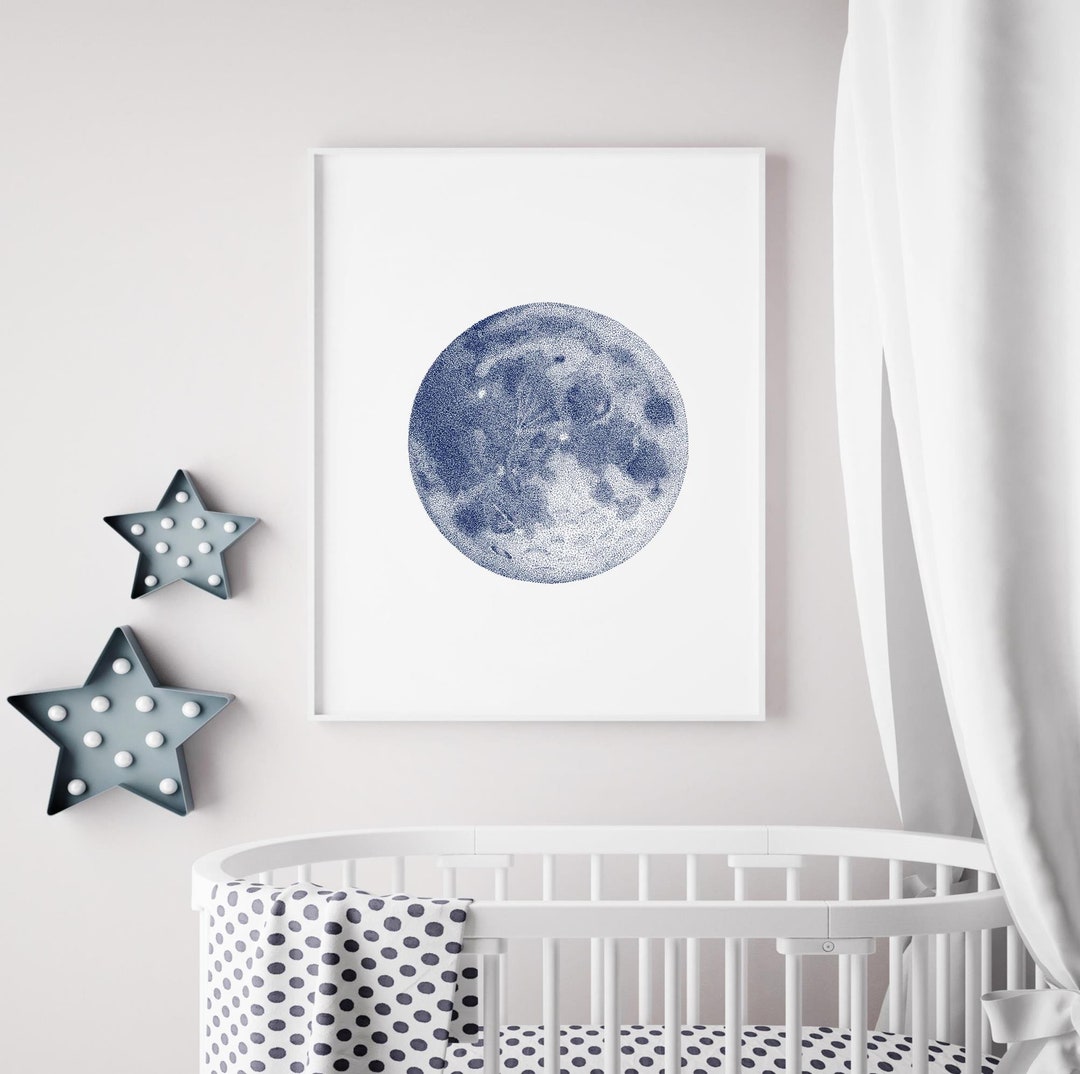 Dark Blue Full Moon Phase Painting Print for Kids Room Wall Decor ...