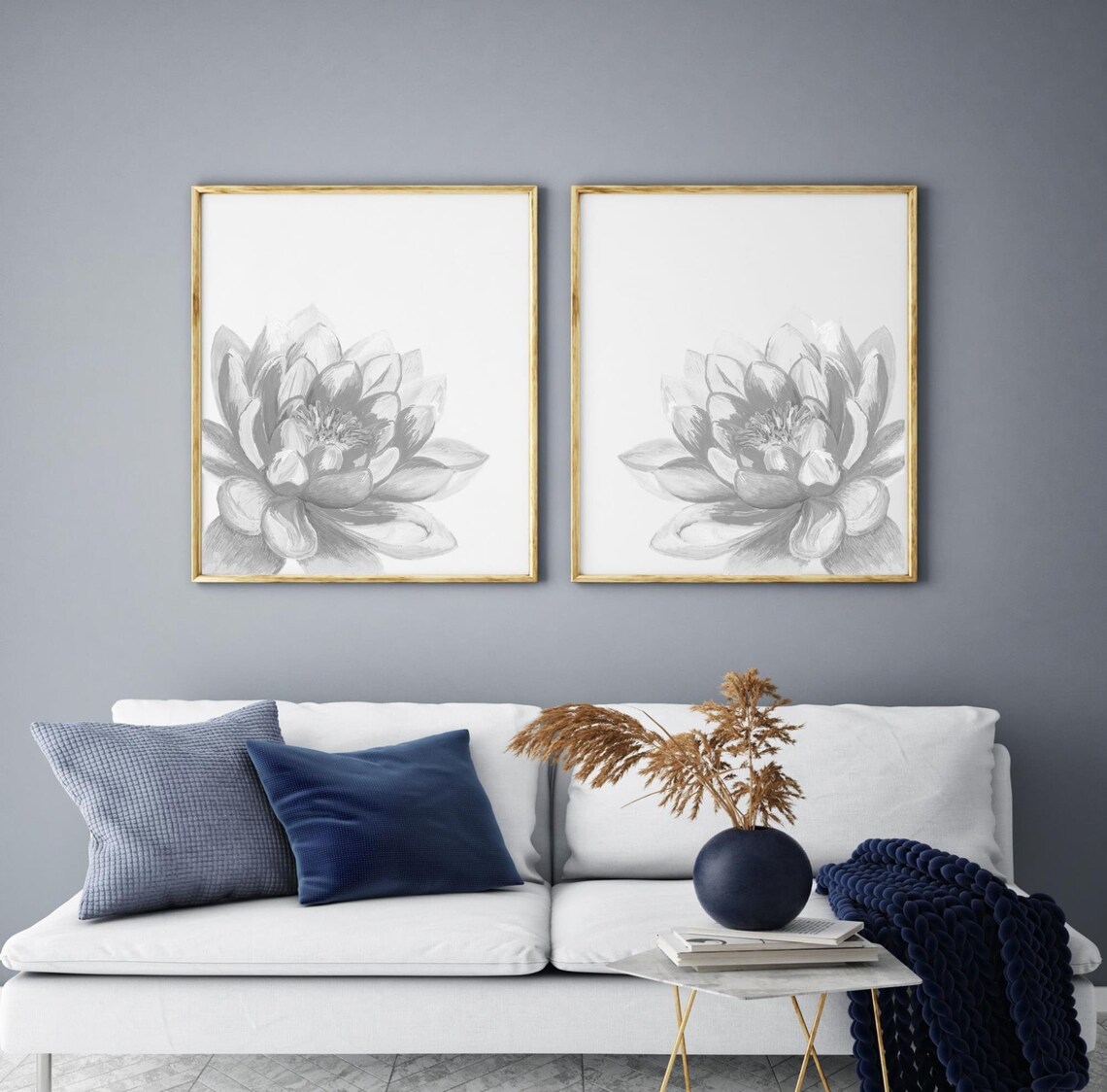 Gray Printable Lotus Flower Wall Art Set of 2 Prints for | Etsy