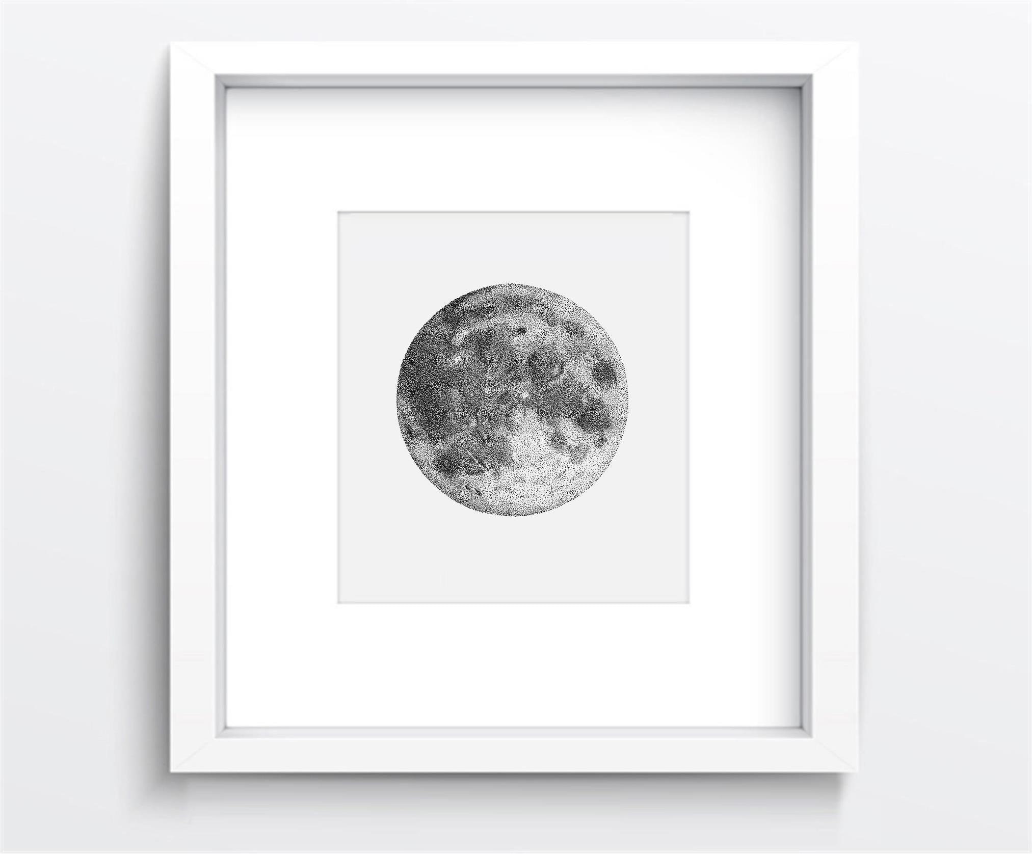 Stippled Full Moon Painting Digital Print. Lunar Phases Gray Printable ...