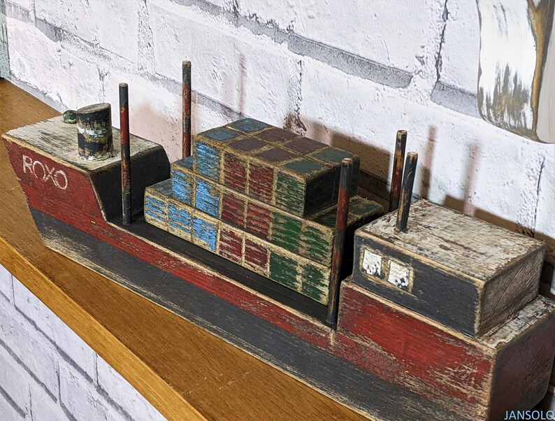 Handmade Wooden Container Ship, Cargo Boat, Reclaimed Wood, Handpainted ...
