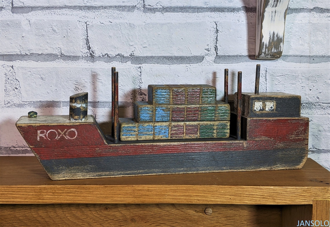 Handmade Wooden Container Ship, Cargo Boat, Reclaimed Wood, Handpainted ...