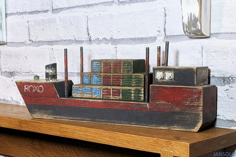 Handmade Wooden Container Ship, Cargo Boat, Reclaimed Wood, Handpainted ...